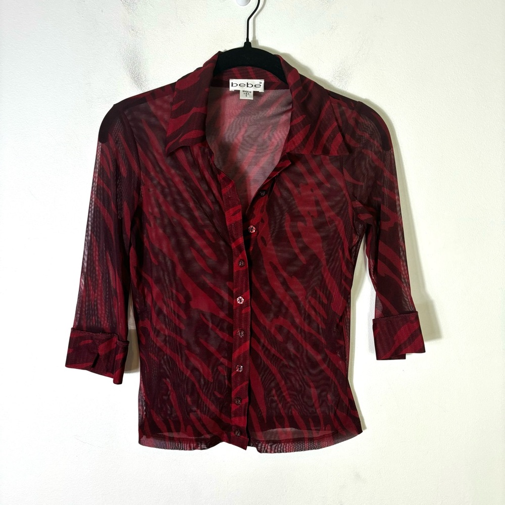 Vintage Y2k Bebe Sheer Mesh Zebra Print Cropped Butto… - Gem